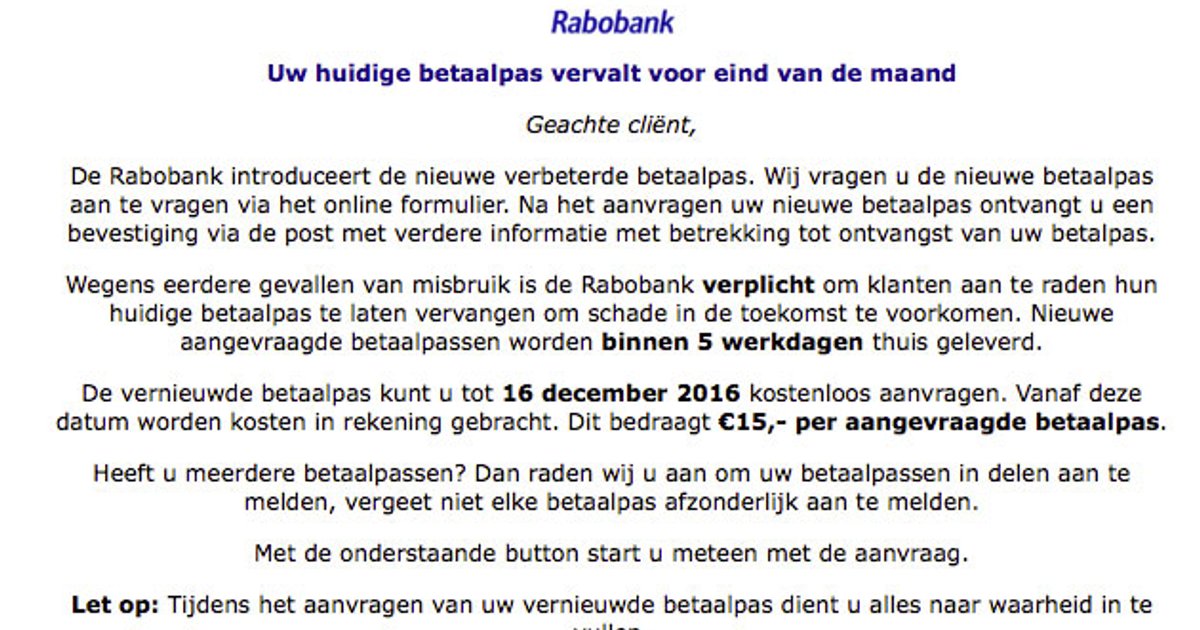 Valse e-mail: betaalpas 'Rabobank' vervalt | Opgelicht?!