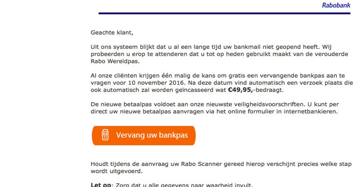 Pas op voor phishingmail 'Rabobank' | Opgelicht?!