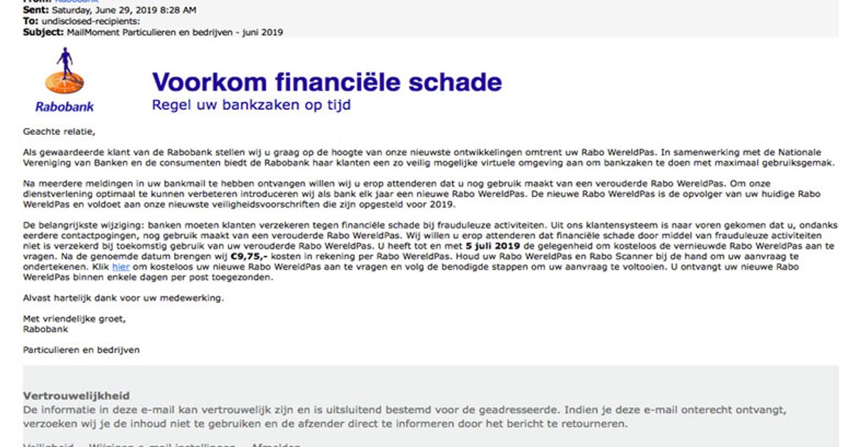 'Rabobank'-mail over Rabo WereldPas is vals | Opgelicht?!