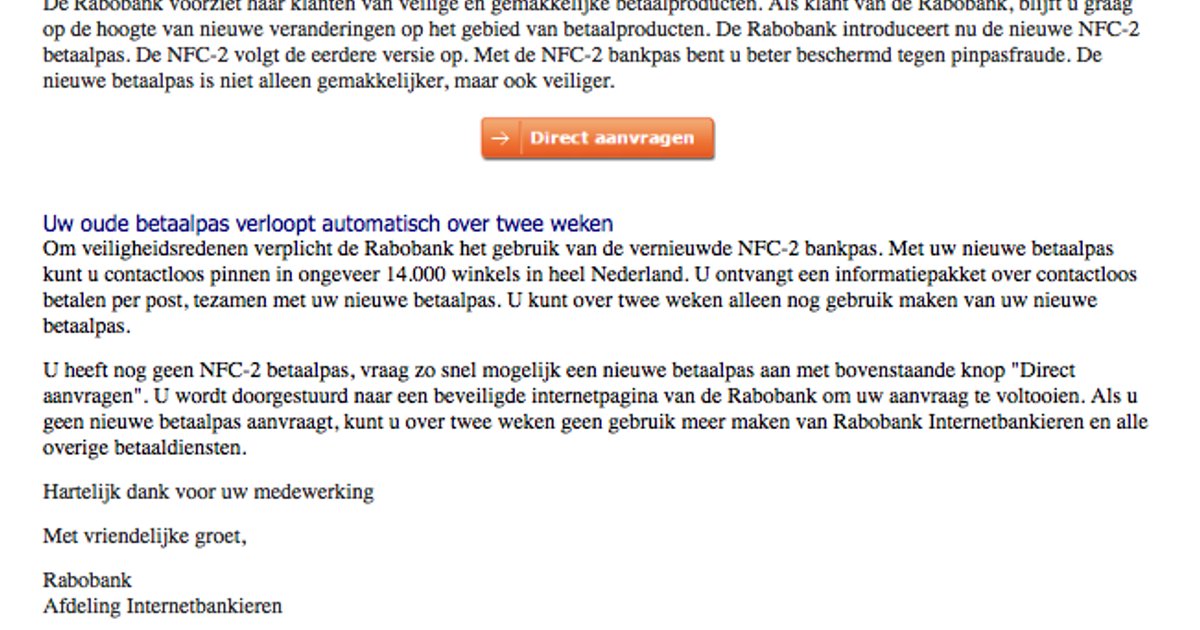 Mail over nieuwe betaalpas Rabobank is phishing | Opgelicht?!