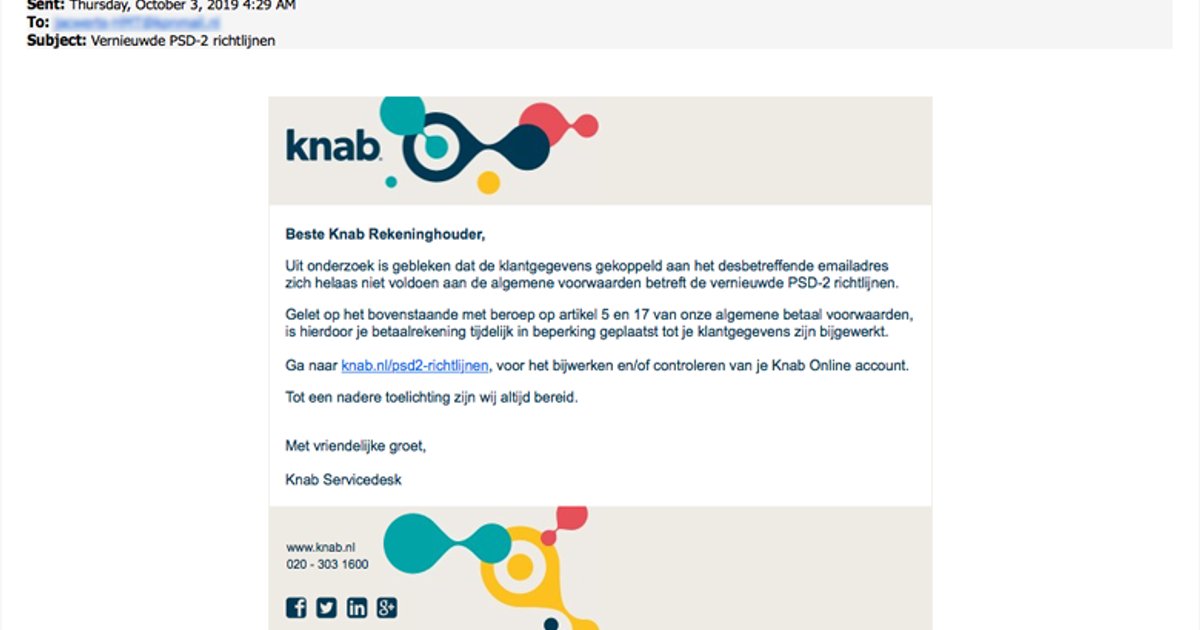 Mail van 'Knab' over vernieuwde PSD-2 richtlijnen is vals | Opgelicht?!