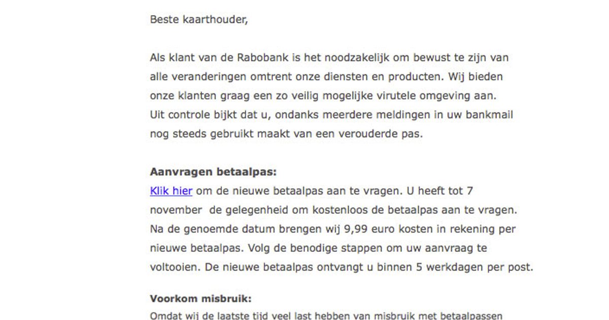 Phishingmail 'Rabobank' over aanvragen betaalpas | Opgelicht?!